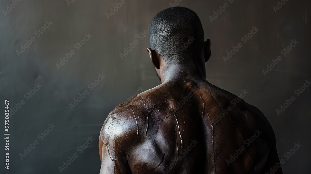 Back view of a muscular man with sweaty skin, illuminated by soft ...