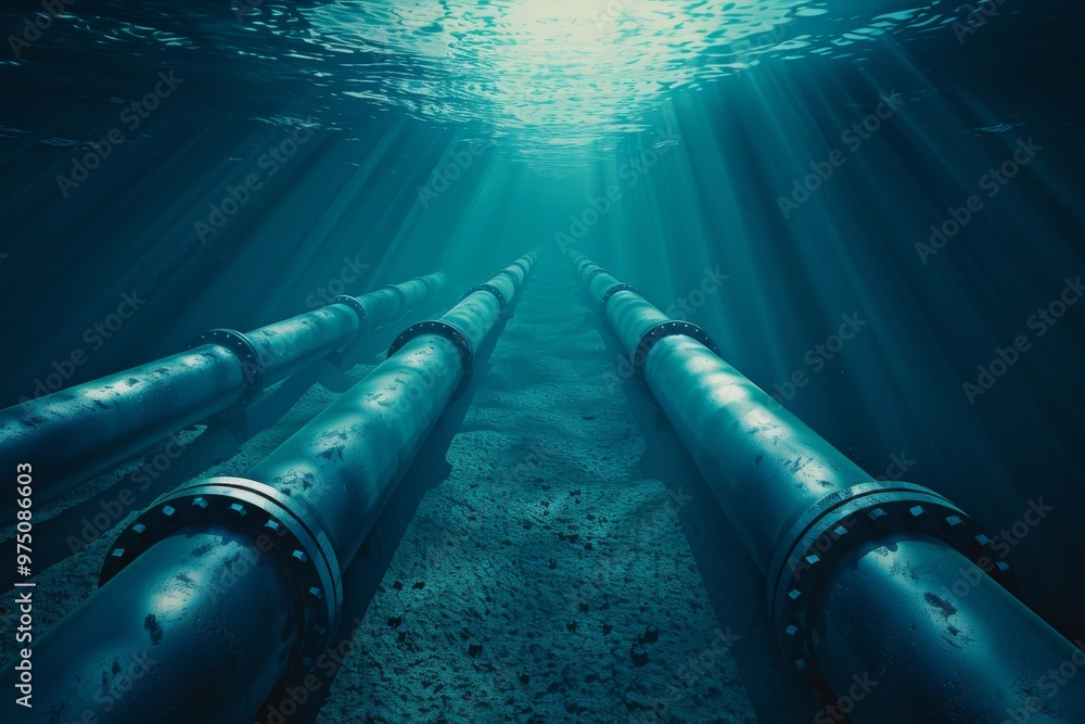 Multiple underwater pipelines stretch across the ocean floor, bathed in ...