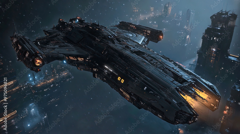 Futuristic sci-fi spaceship battle cruiser warship departing an ...
