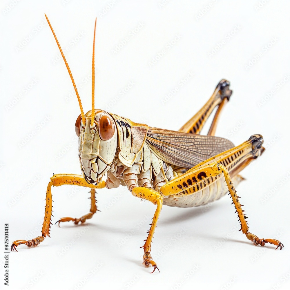 desert locust rests on a white backdrop, its legs elegantly folded. The ...