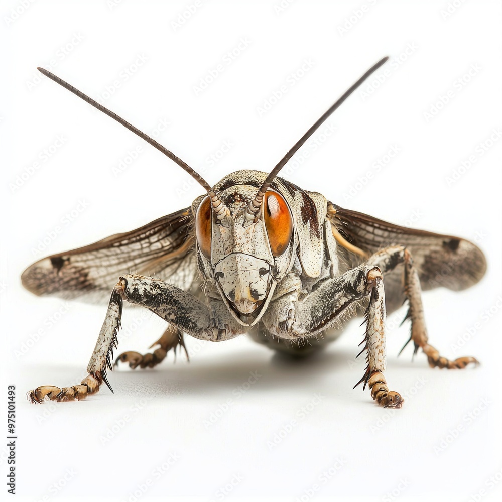 striking close-up reveals a desert locust with its legs neatly folded ...