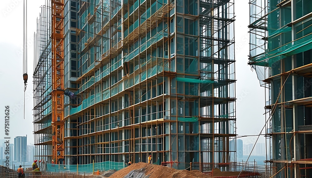Workers are working on the construction site, and the frame structure ...