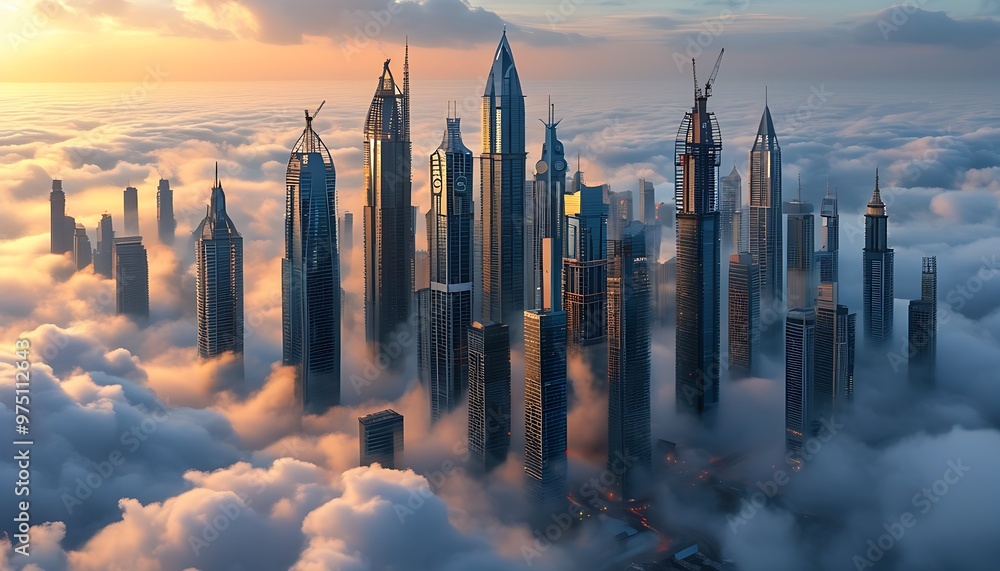 Skyscrapers are looming in the clouds and clouds, and the towering ...