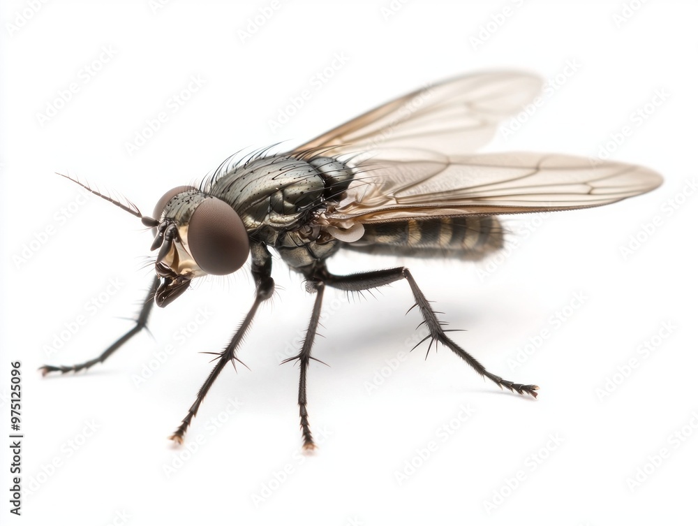 black soldier fly stands prominently, revealing its transparent wings ...