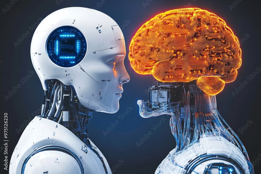 Cybernetic intelligence neural chip bio robotics cognitive mapping and digital fusion two robots ...