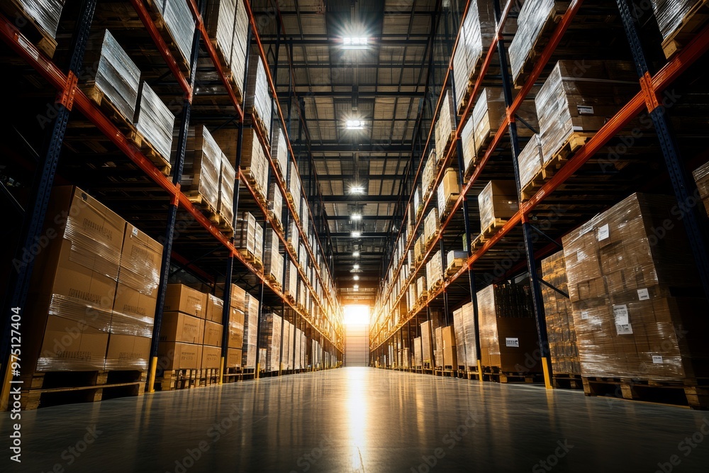 Contemporary warehouse interior low angle perspective of a logistics ...