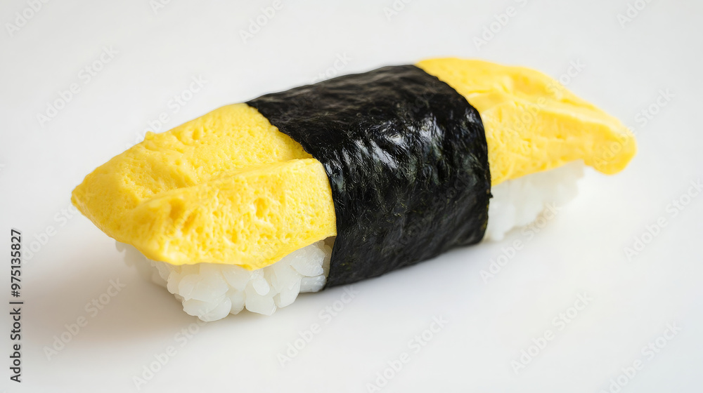 A single piece of tamago sushi, a Japanese dish consisting of vinegared ...
