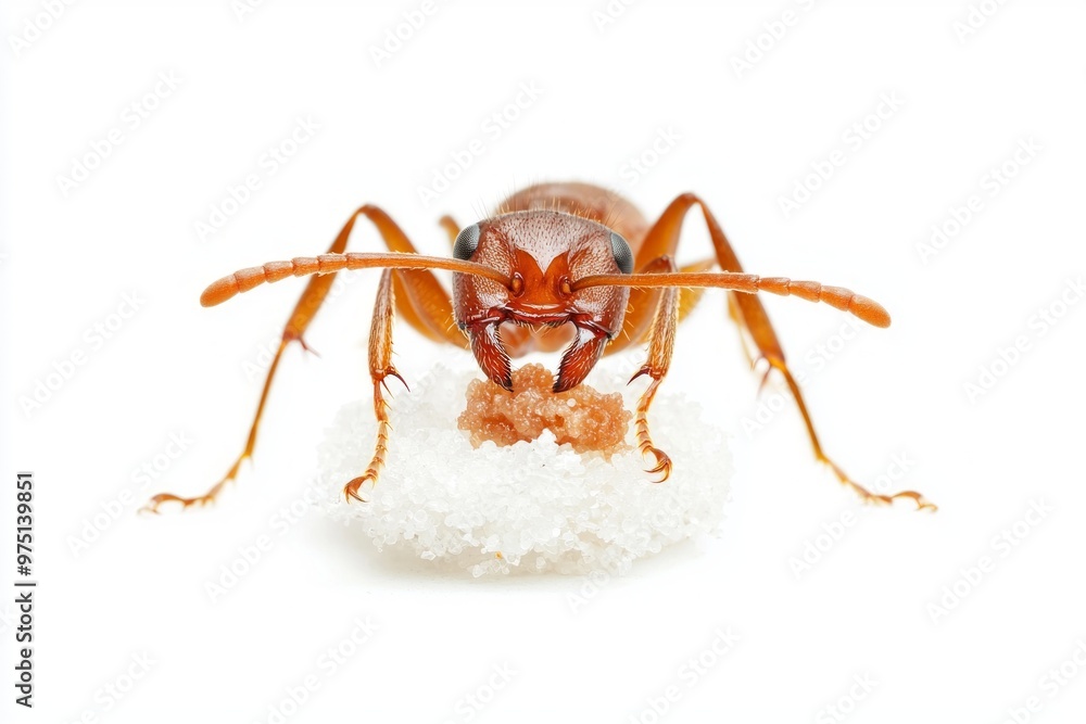 fire ant is captured in action, transporting a small piece of food with ...