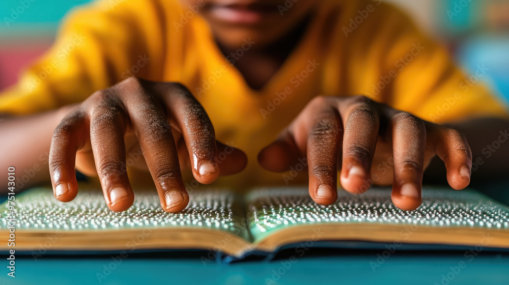 blind child running fingers across braille book page with school ...