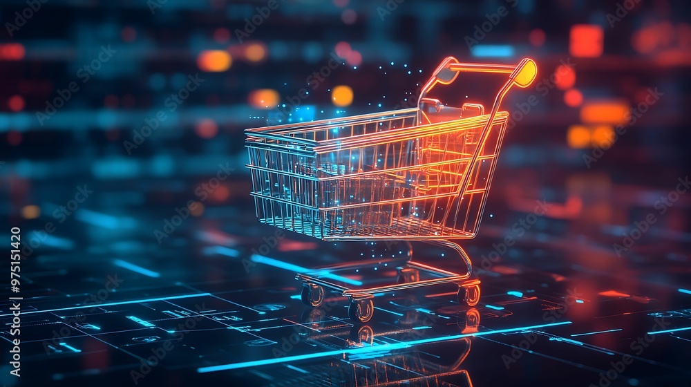 A glowing digital shopping cart in a futuristic, high-tech environment ...