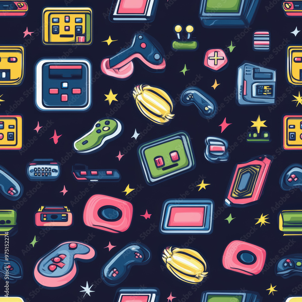 Seamless retro pattern with hand-drawn arcade gadgets and devices ...