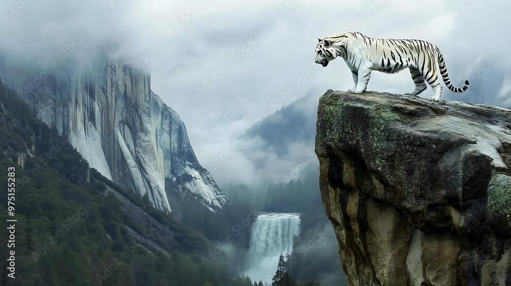 White Tiger on Mountain Peak: A majestic white tiger stands on a ...