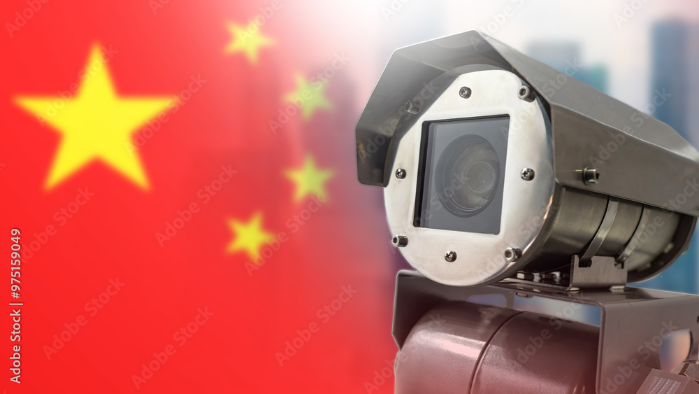 Security camera in China. CCTV in PRC. Flag of people republic of China ...