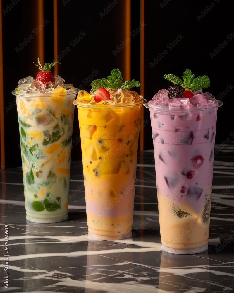 Three clear tall cups of drinks creamy strawberry, horchata, and ...