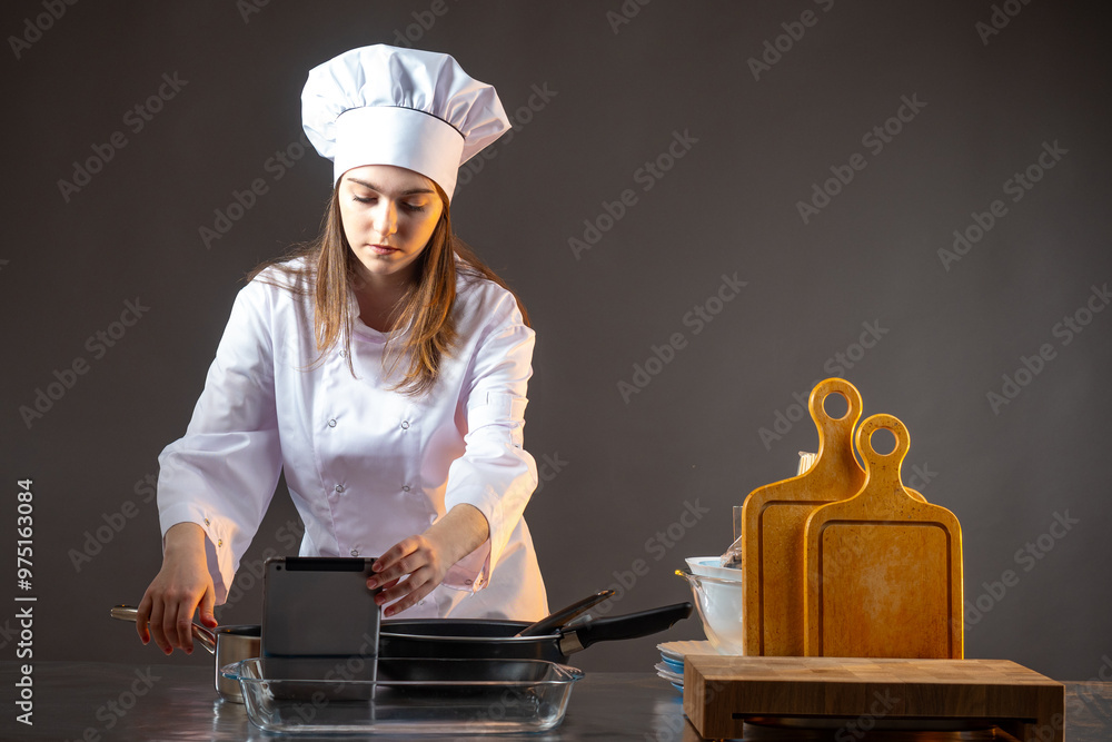 Woman cook. Girl student at culinary university. Chef with electronic ...