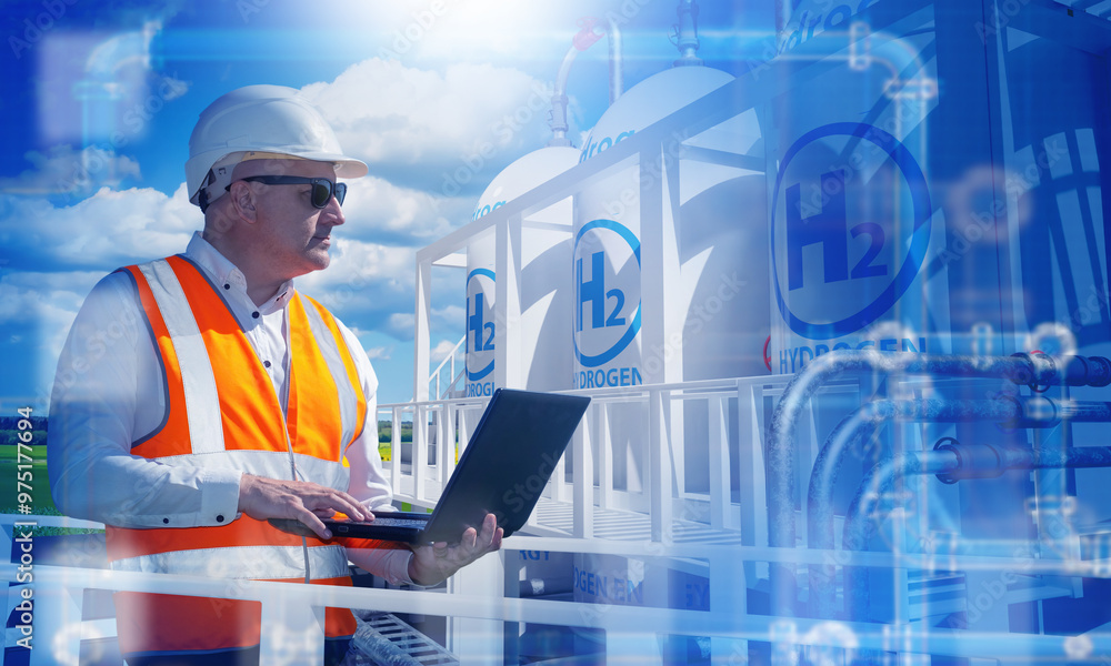 Man at hydrogen power plant. Production of electricity from h2 gas ...