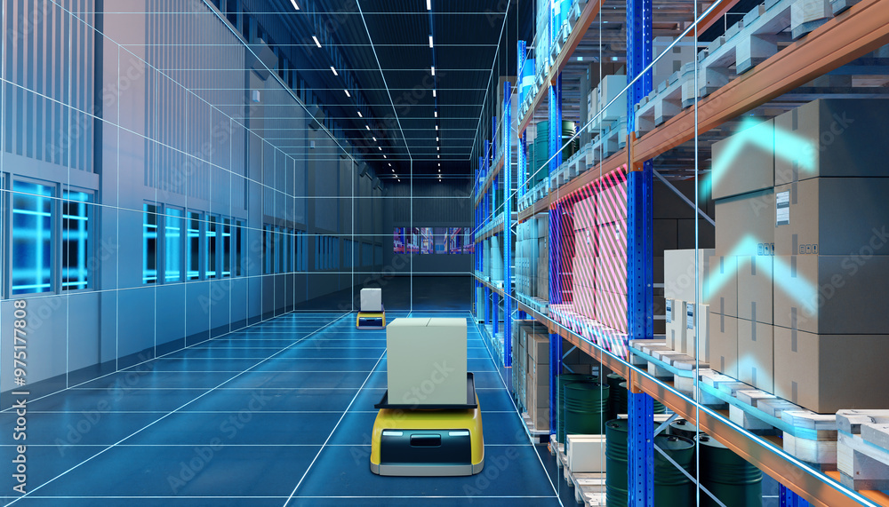 Automated warehouse. Robots move boxes around warehouse. Futuristic ... Automated warehouse. Robots move boxes around warehouse. Futuristic ...