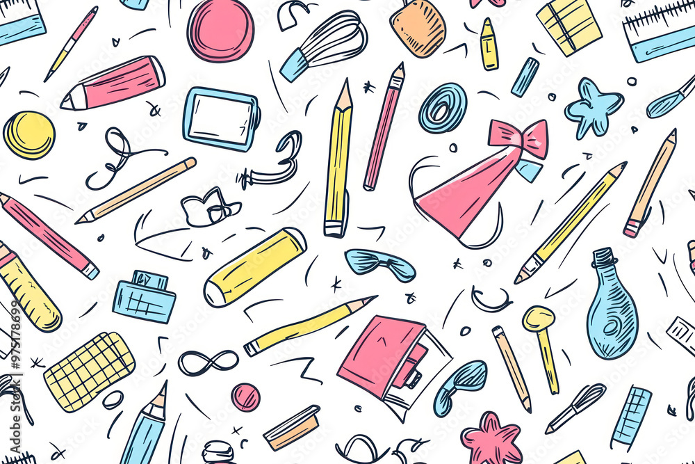 Back to school doodle seamless pattern. Hand drawn background with ...
