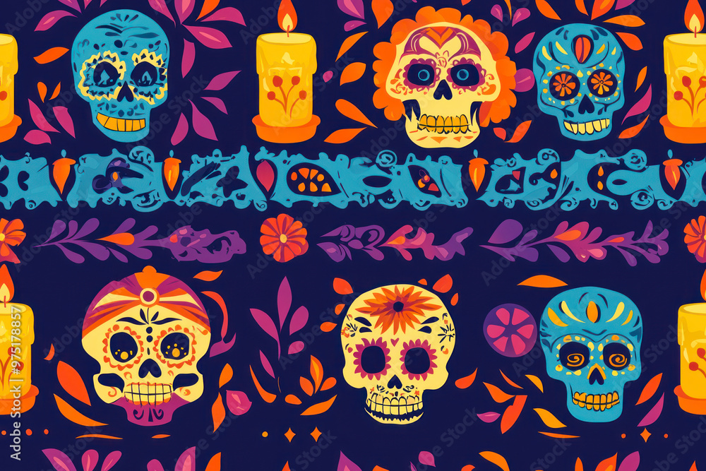Day of the Dead papel picado paper cut flags with Dia de los Muertos ...