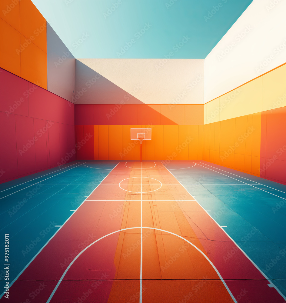 Vibrant Minimalist Basketball Court in Bold Geometric Colors and Sunlit ...
