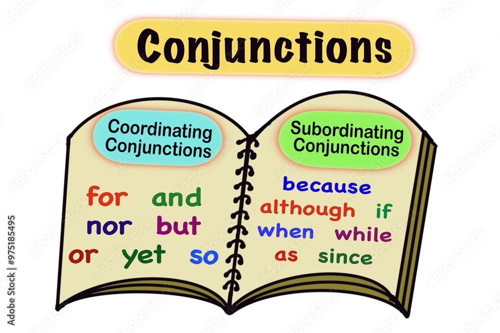Hand drawn picture of opened book with texts about Conjunctions ...
