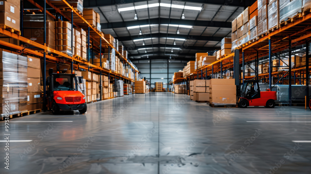 Two forklifts in a large, well-organized warehouse move between tall ...