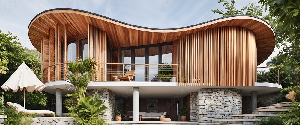 modern, stylish house with a unique curved roof design. The structure ...