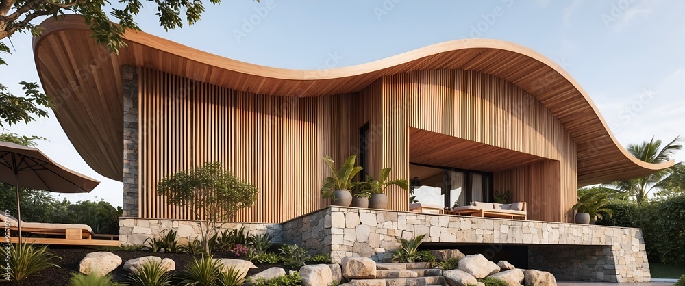 modern, stylish house with a unique curved roof design. The structure ...