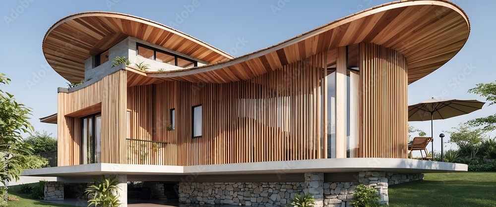modern, stylish house with a unique curved roof design. The structure ...