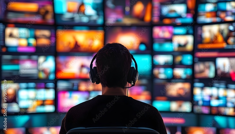 immersive view of a person captivated by a multi-screen display ...