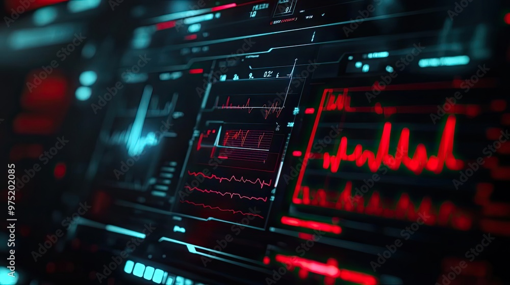 Futuristic data visualization with vibrant red and blue elements, showcasing analytics and ...