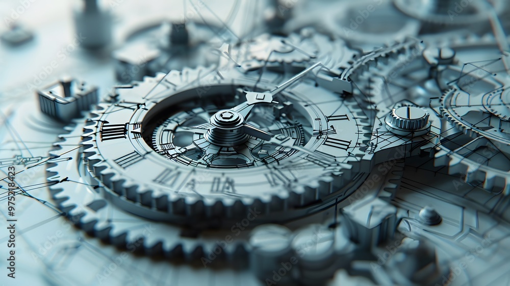 In-depth blueprint of an advanced clock mechanism with a focus on its ...