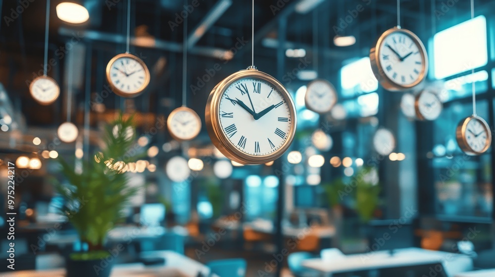 Floating clocks in a busy office environment, managing time, workplace ...