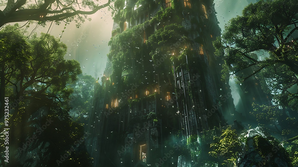 Towering stone castle overgrown with vines and trees, bathed in ...