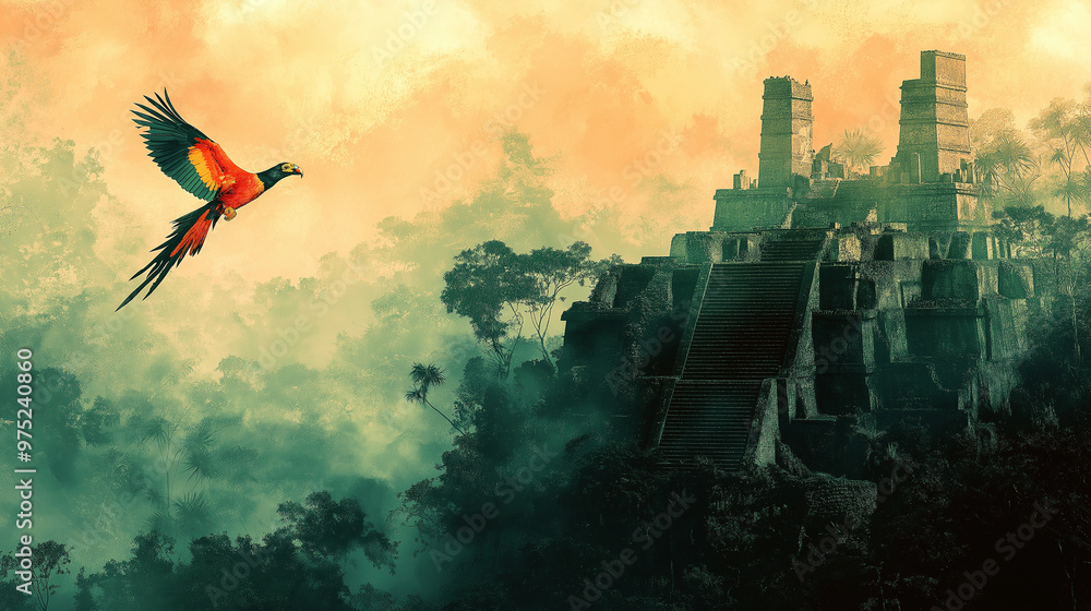 Quetzal and Mayan Ruins, a symbolic design with the Quetzal bird flying ...