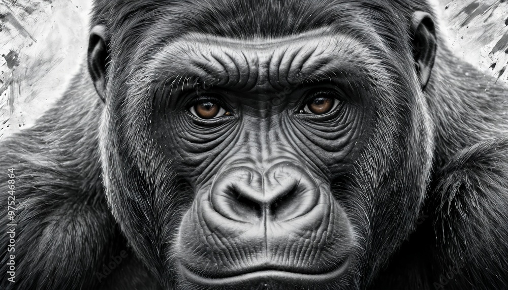 A close-up portrait of a gorilla captures its intense gaze and ...