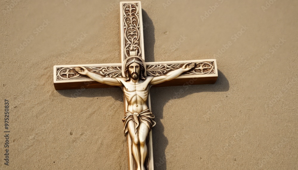 Intricate wooden crucifix featuring Jesus, lying on a sandy background ...