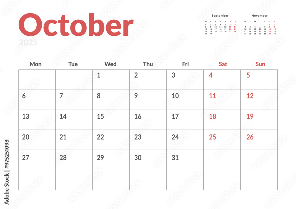 Monthly page Calendar Planner Template of October 2025. Vector layout ...
