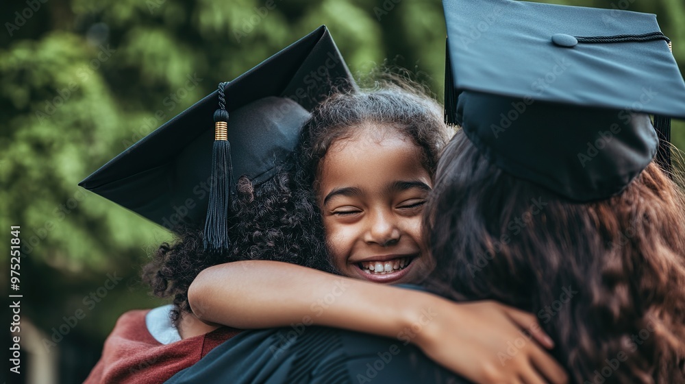 family hugging and congratulating a child on graduation day, with ...