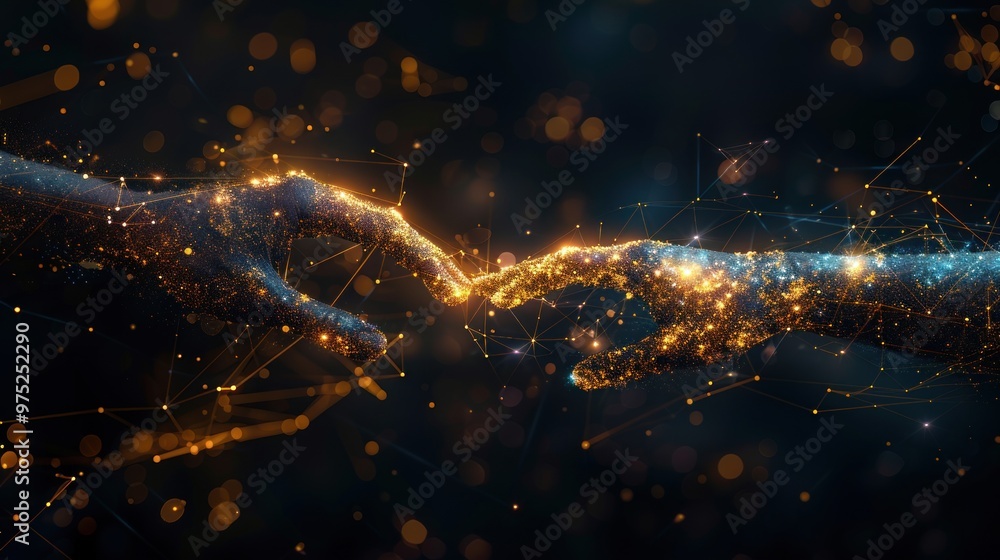 Two cosmic hands reaching out, illuminated by golden light and ...