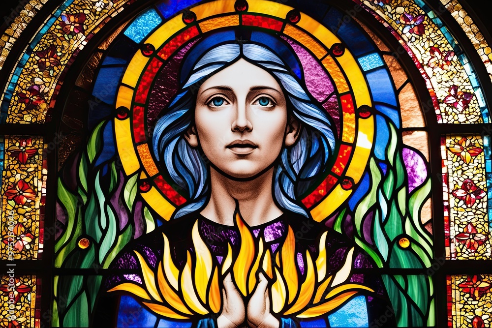 Colorful Stained-Glass Representation of the Holy Spirit with Flames ...