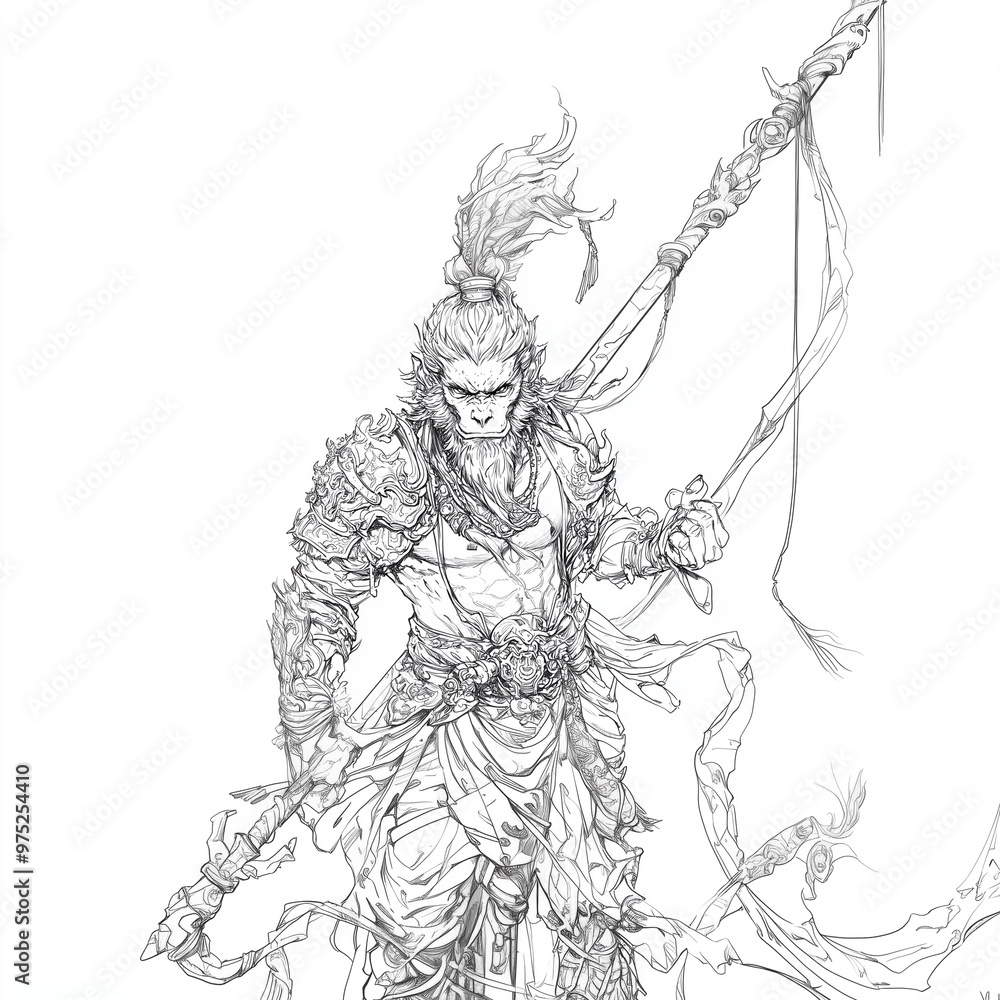 Sun Wukong Chinese mythology character line drawing Stock Illustration ...