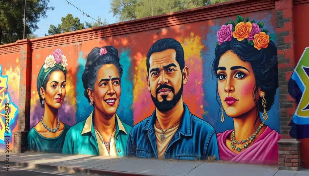Colorful mural depicting four portraits of people with floral ...