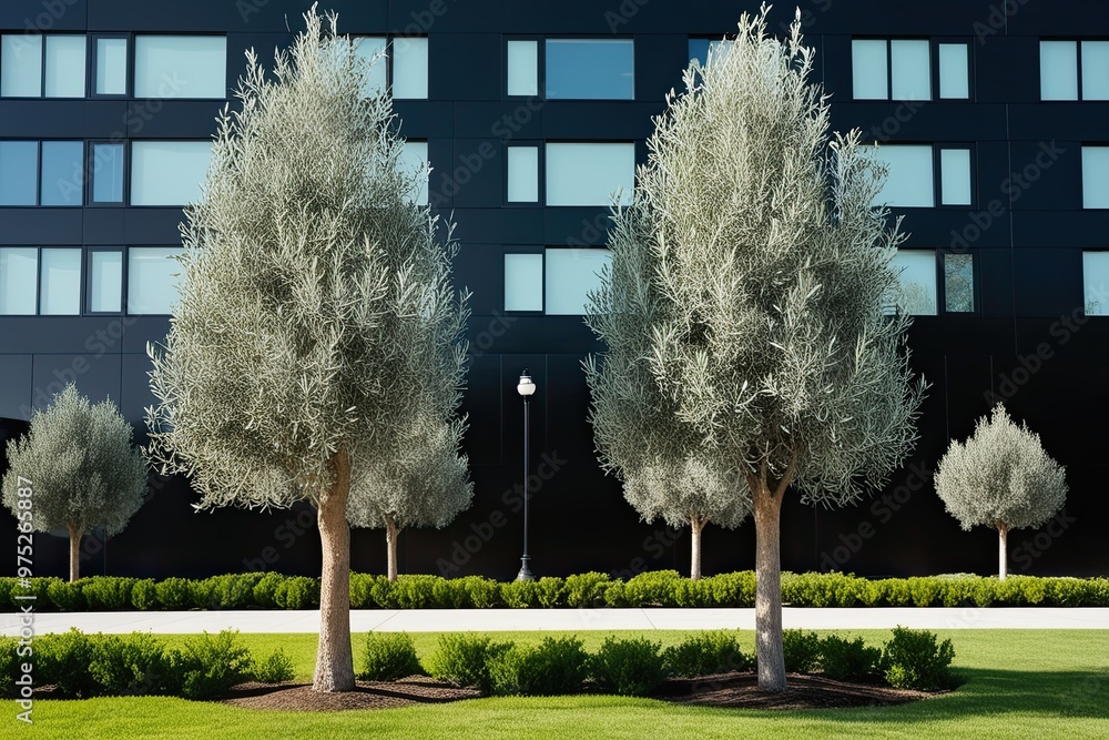 Stunning Salix Babylonia Treelet and Olive Trees Against Black ...
