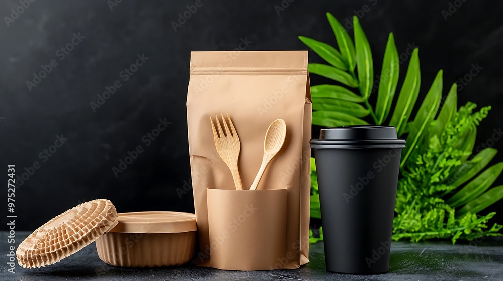 Eco-friendly takeaway food packaging sits in a mockup, featuring a ...