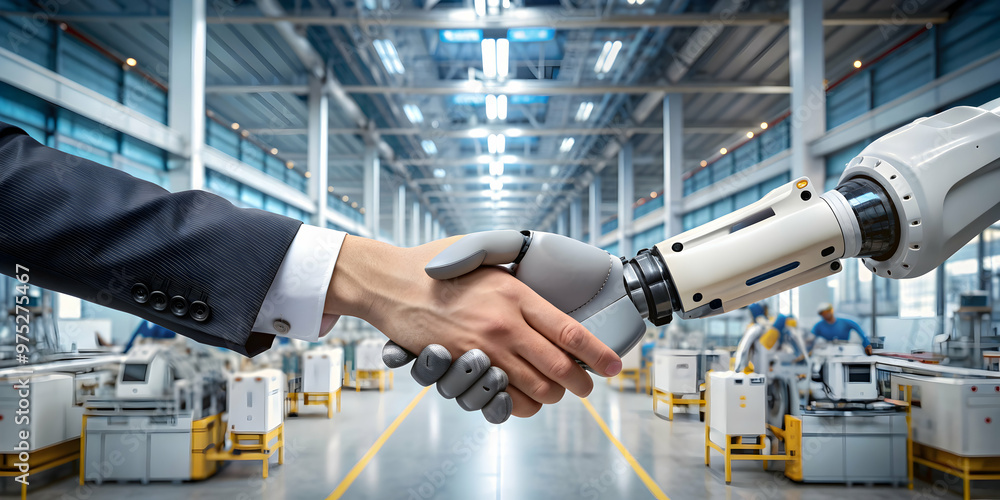 Graphic image of handshake between human and robot in background of ...