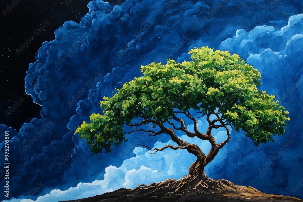 Watercolor of a tree being uprooted by a storm, symbolizing destructive ...