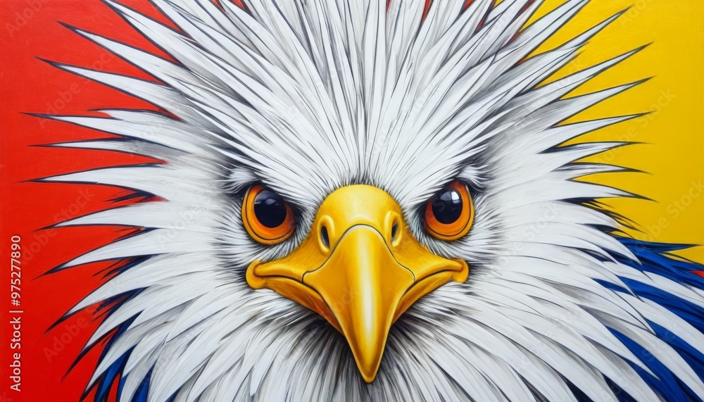 A vibrant and colorful painting of a bald eagle set against a striking ...