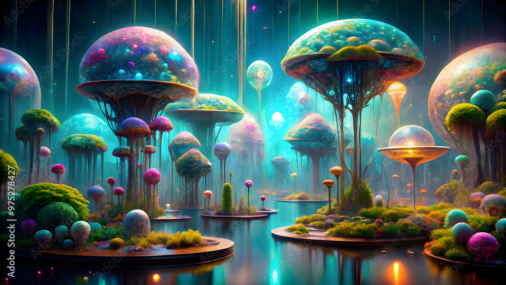 Bioluminescent algae and iridescent structures in a dreamlike digital ...