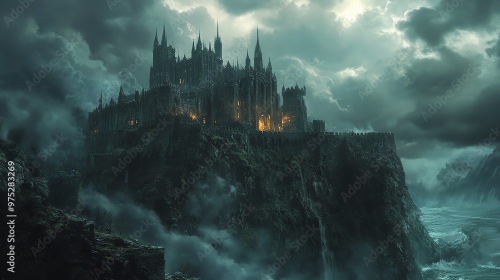 Mysterious castle on a cliff, where an evil sorcerer practices dark ...